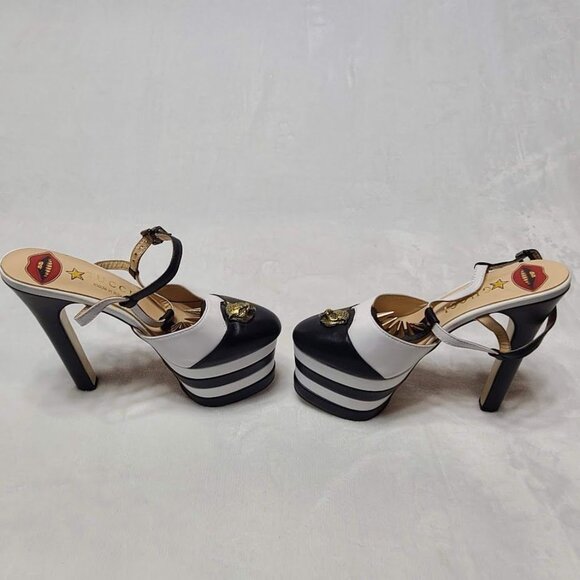 Gucci | Shoes | Gucci Navy Blue White Leather Angel Feline Head Tstrap ...
